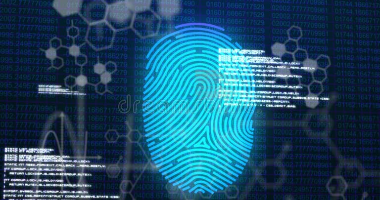 A Blue Fingerprint Overlaying Digital Data, Symbolizing Cybersecurity Stock Illustration ...
