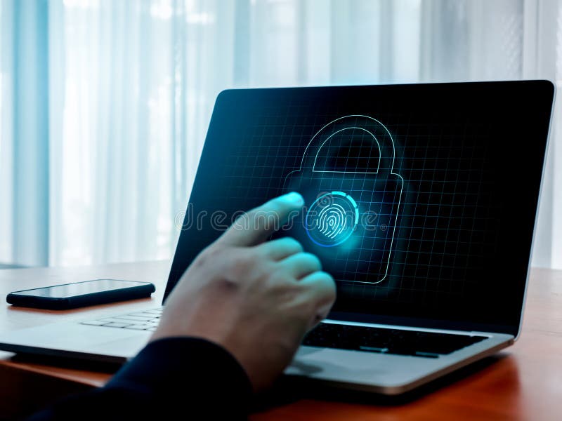 Blue Fingerprint Scan and Lock Icon on Laptop Computer Screen while ...