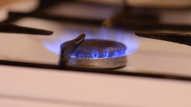 A Blue Fire Lights Up in the Burner of the Gas Stove in Complete ...
