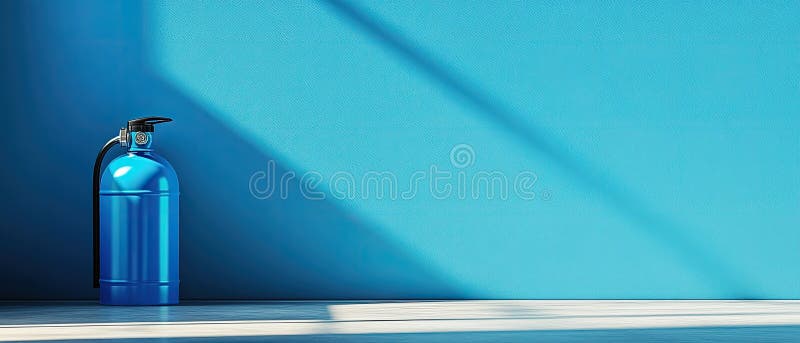 "BLUE FIRE EXTINGUISHER on WHITE SHELF AGAINST BLUE WALL with SHADOW ...