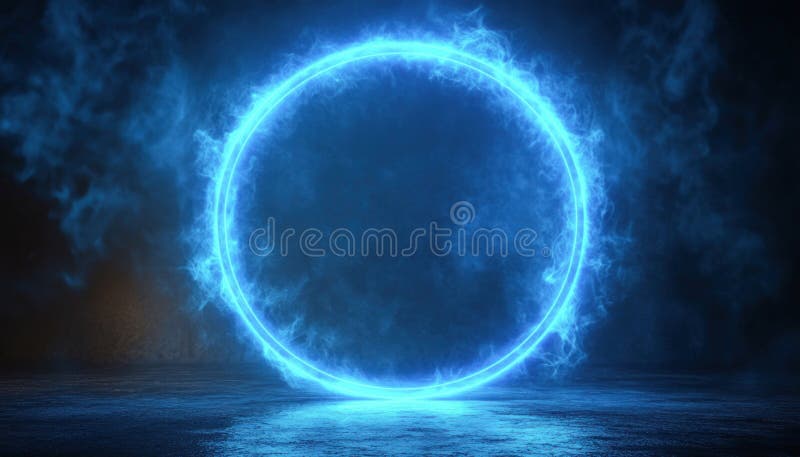 Blue Fire Ring Glowing in Dark Background with Smoke Stock Image ...