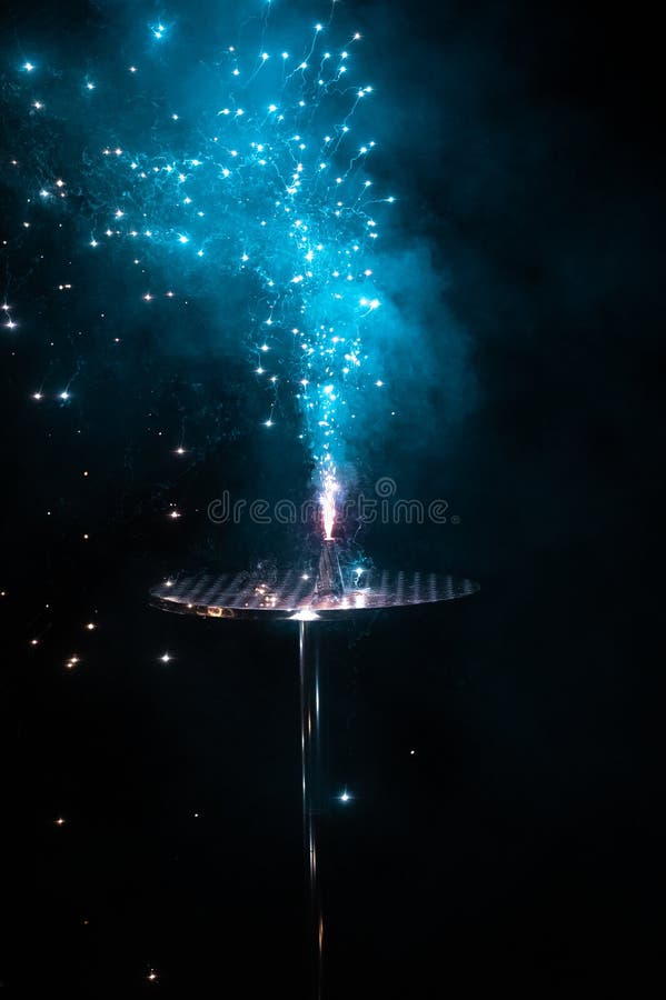 Blue Fireworks Released from a Metal Stage in the Dark for the New Year ...