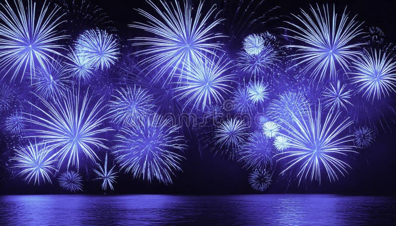 Blue Fireworks Display Over Calm Water Stock Image - Image of night ...
