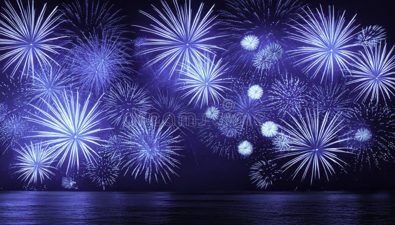 Blue Fireworks Display Over Calm Water Stock Illustration ...