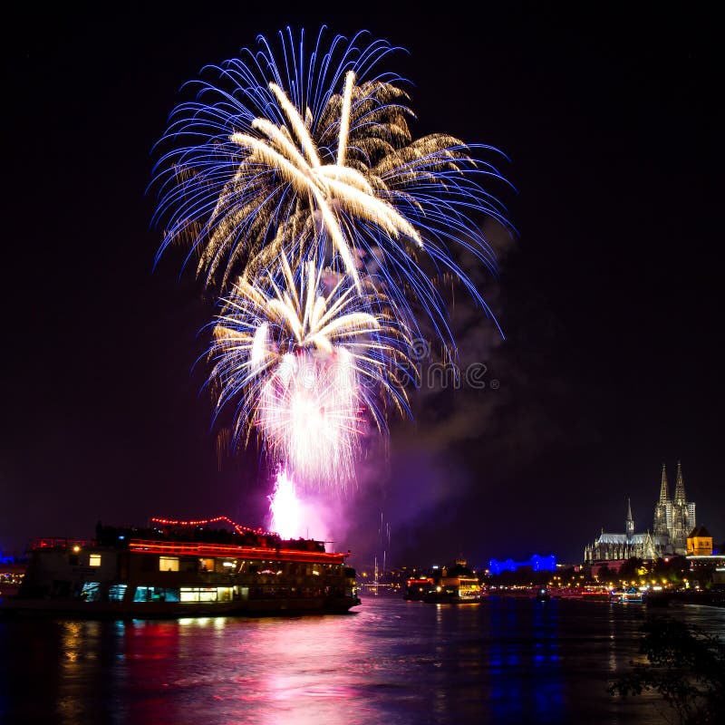 Blue Fireworks Over Cologne Stock Photo - Image of lner, boats: 32294570