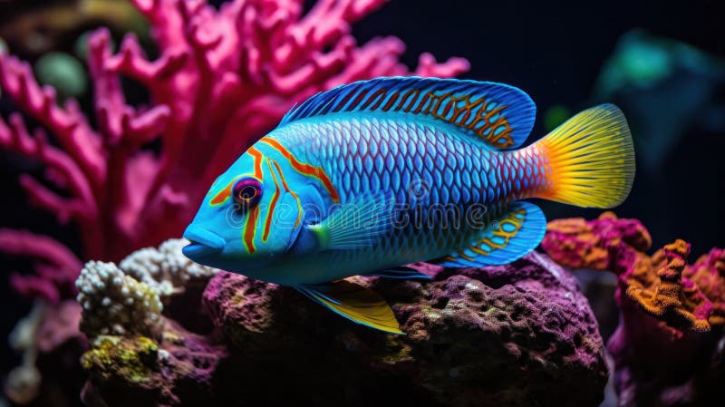 A Fish with Orange and Blue Stripes on Its Body and Head Stock ...