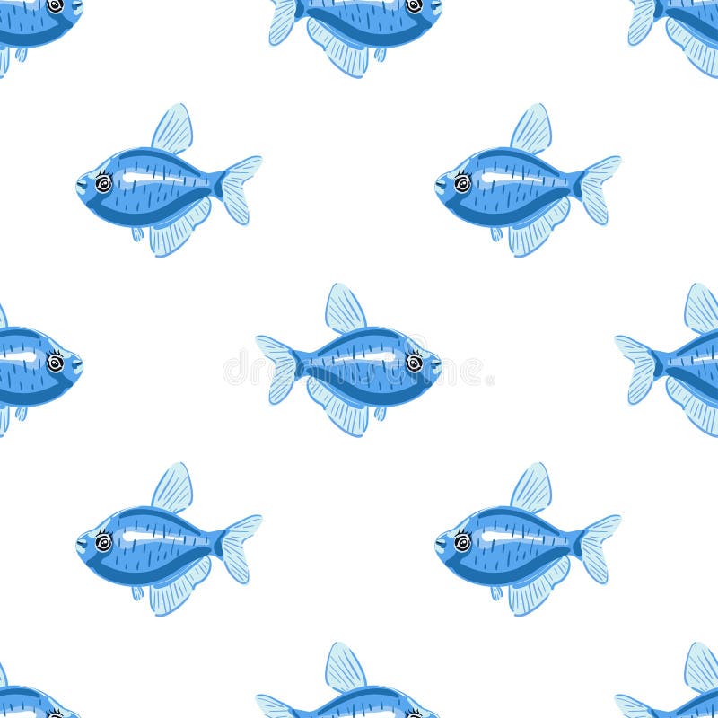 Blue Fish Seamless Pattern. Cartoon Style Fish Stock Vector ...