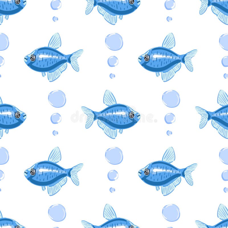Blue Fish Seamless Pattern. Cartoon Style Fish Stock Vector ...