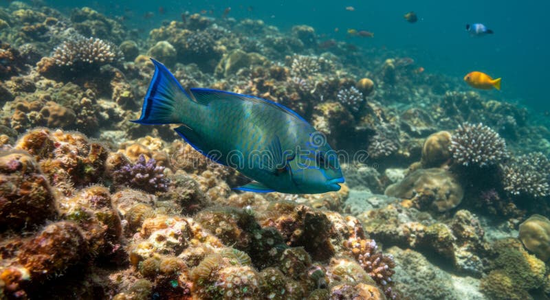 Blue Fish Swimming Over Vibrant Coral Reef Stock Illustration ...