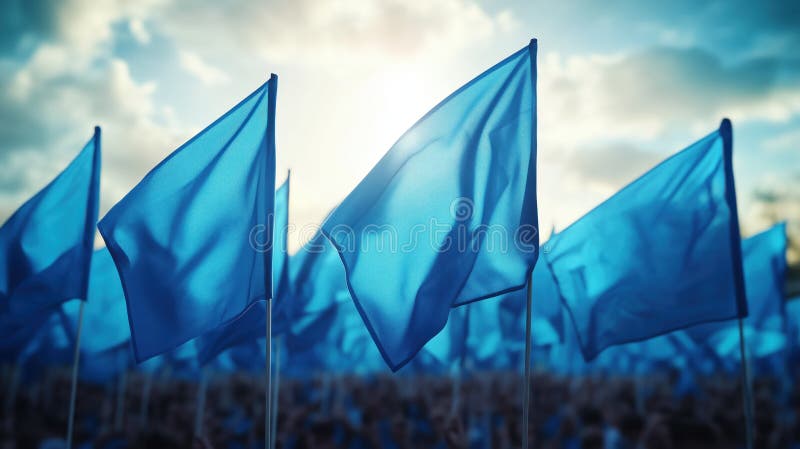 Blue Flags Waving in Air at Epic Massive and Powerful Event Stock ...