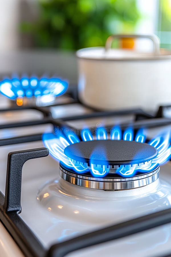 Blue Flame Gas Stove with Cooking Pot in Modern Kitchen Stock ...