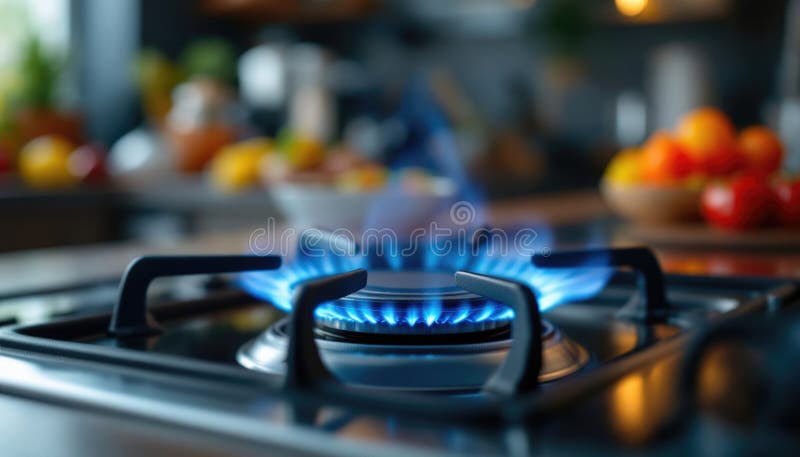 Blue Flame on Gas Stove in Modern Kitchen with Fresh Produce in ...