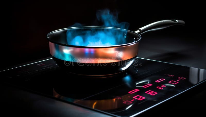Blue Flame Glows on Stove Top Burner, Heating Cooking Pan Generated by ...