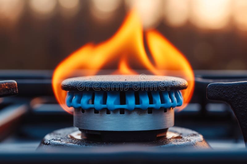 A Close Up of a Gas Stove with a Blue Flame Coming Out of it Stock ...