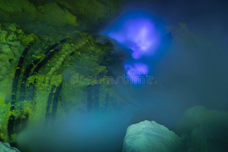Blue Flame in Sulfur Mining at Night, Kawah Ijen Volcano, East Java ...