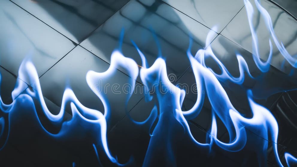 Blue Flames Dancing on Reflective Surfaces, Creating a Mesmerizing and ...