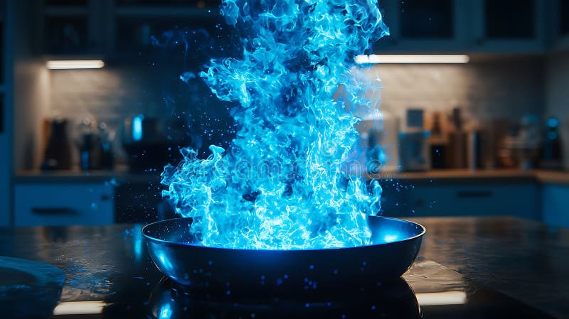 Blue Flames Erupt from a Pan on a Kitchen Counter Stock Image - Image ...