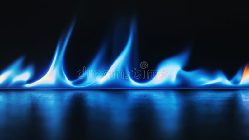 Blue Flames of a Gas Burner Dancing on a Black Reflective Surface ...