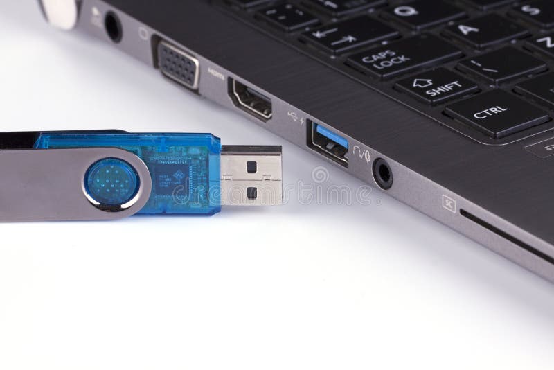 Blue Flash Disk and Laptop with USB Slot Stock Photo - Image of device ...