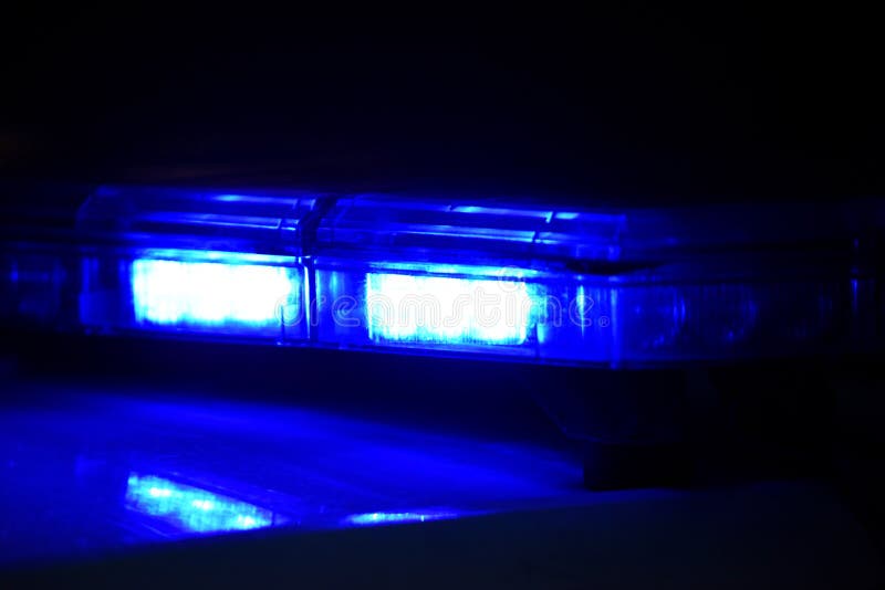 Blue Flasher on the Police Car at Night. Police Car in Action Stock ...