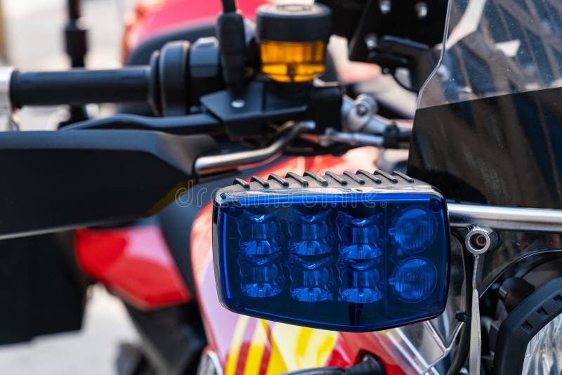 Blue Flashing Light on a Rescue Motorcycle. Closeup. Stock Photo ...