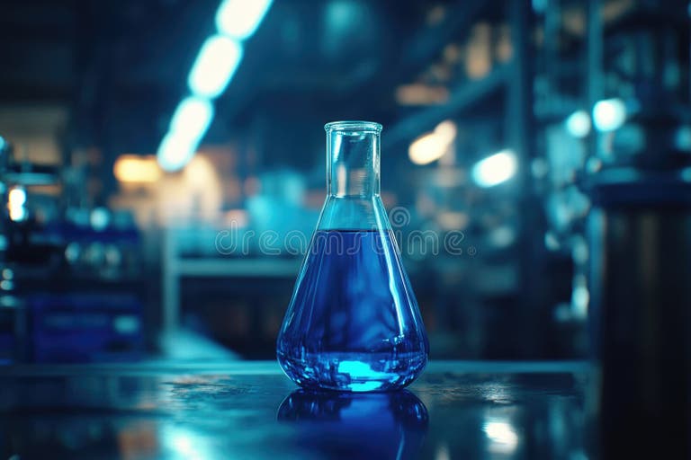 Blue Flask on Table stock image. Image of material, liquid - 388705797