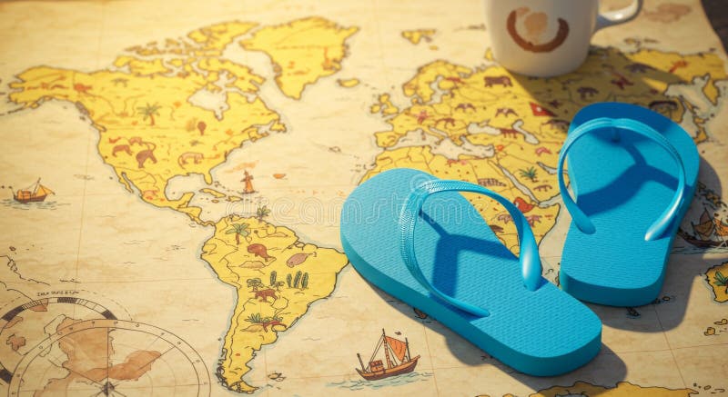 Blue Flip Flops on Vintage World Map with Coffee Mug Stock Illustration ...