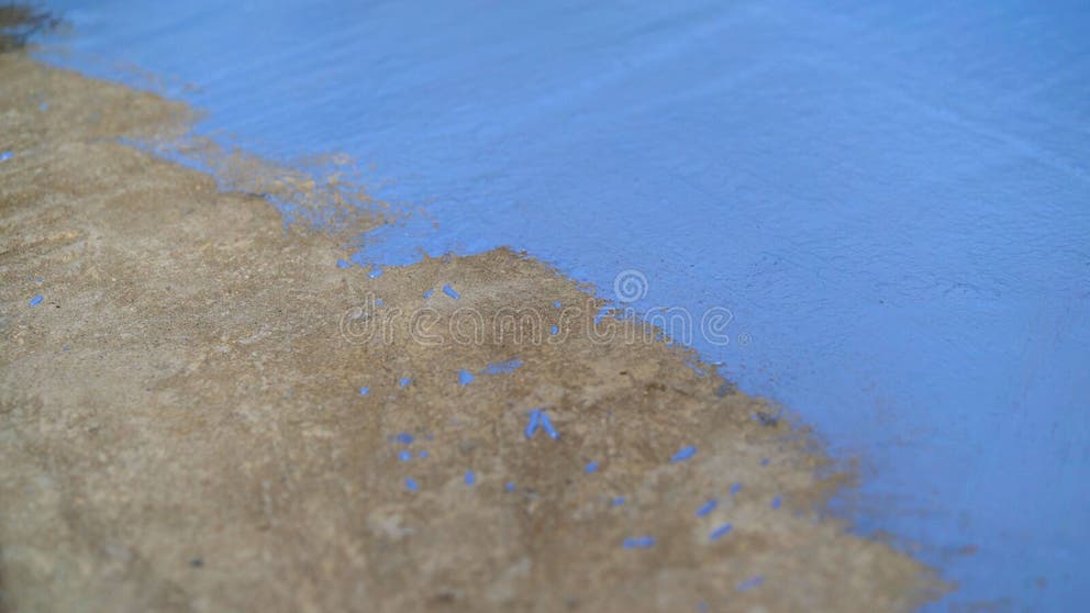 Blue Floor Waterproofing. Floor Waterproofing in Bathroom. Worker ...