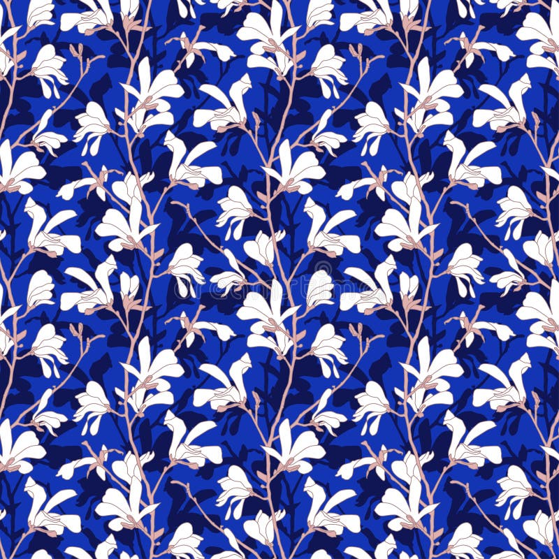 Blue Floral Background with Branch and White Magnolia Flower. Seamless ...