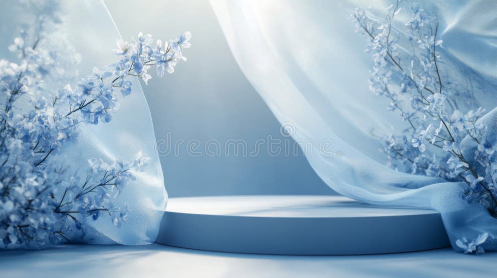 Blue Floral Display Stage with Sheer Curtains Stock Illustration ...