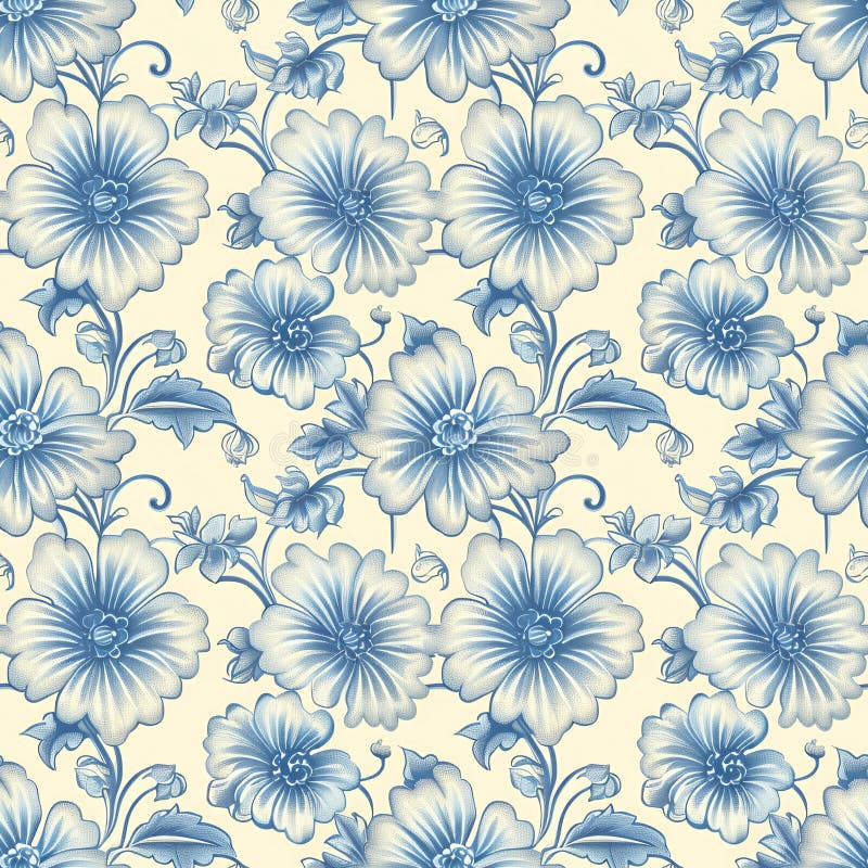 Blue Floral Pattern on a Cream Background Stock Illustration ...
