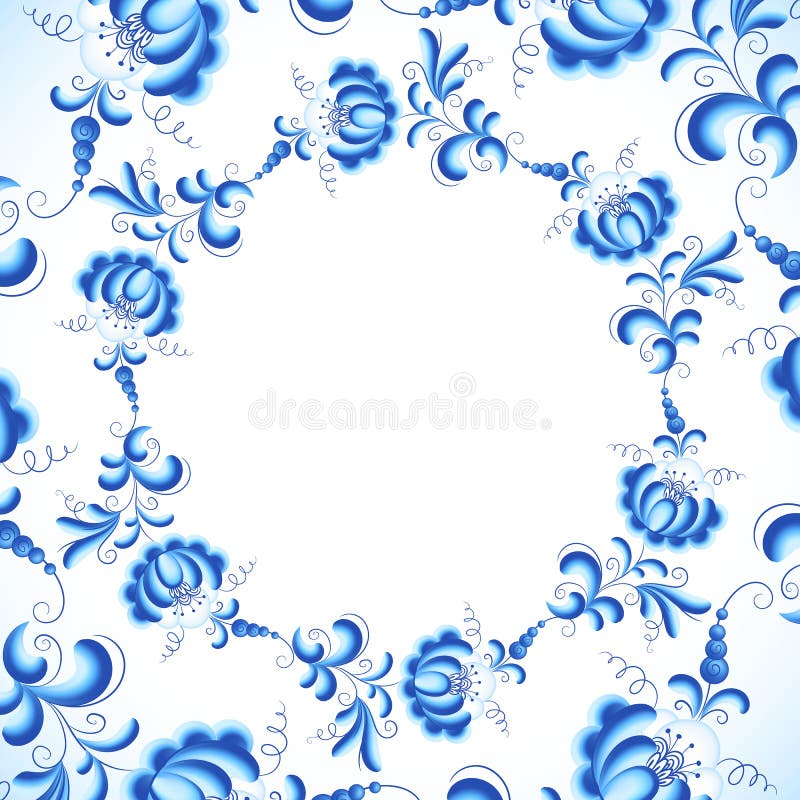 Blue Floral Round Frame in Gzhel Style Stock Vector - Illustration of ...