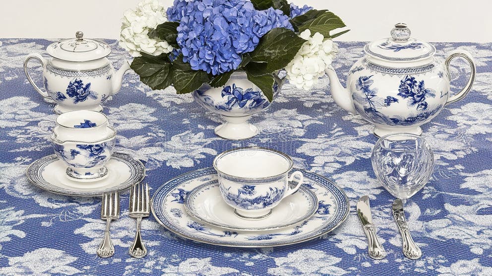Blue Floral Tea Set, Table Setting, Studio, Hydrangeas Stock Image ...