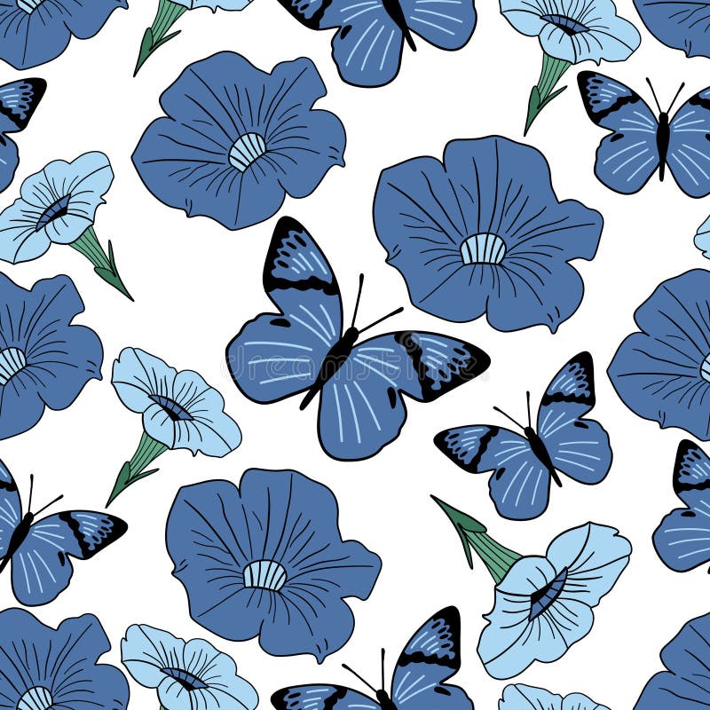 Blue Flower and Butterflies Seamless Pattern Flat Design Stock Vector ...
