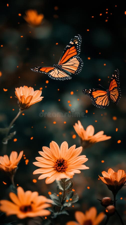 In a Blue Flower, a Group of Butterflies Flies Around Stock Photo ...