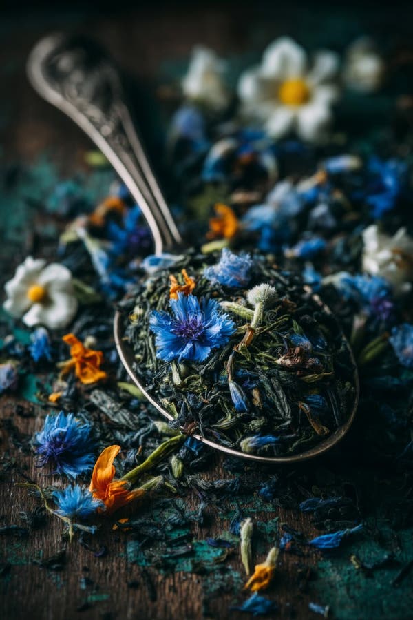 Blue Flower Tea on Vintage Spoon, Dark Background Stock Illustration ...