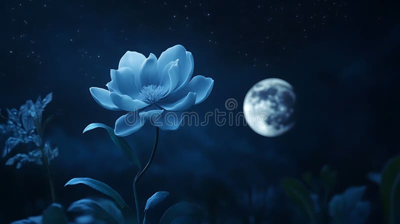 Blue Flower Under Moonlight in a Serene Night Setting Stock ...