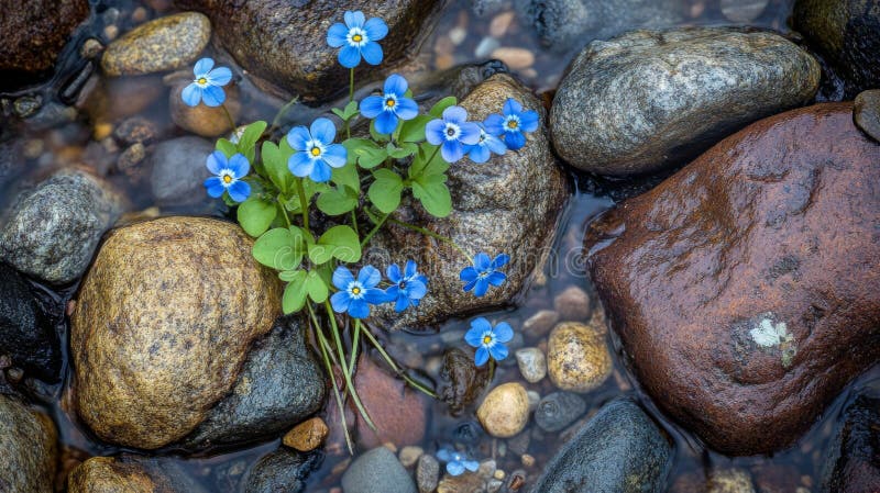Blue Flowers Blooming among Wet Rocks in a Stream Stock Illustration ...
