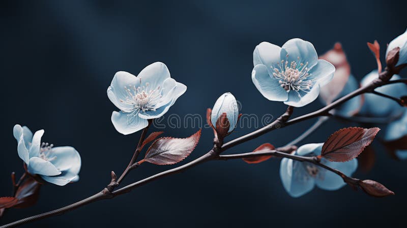 Blue Flowers on a Branch Against a Dark Background Stock Illustration ...