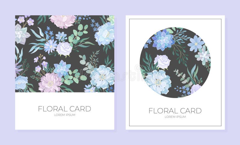 Blue Flowers Card Design with Blooming Flora Composition Vector ...