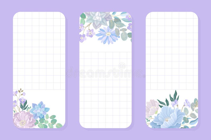 Blue Flowers Checkered Note Card Design with Blooming Flora Composition ...