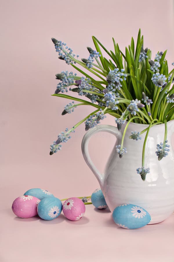 Easter Willow Wreath, White Tulips and Blue Easter Eggs on Blue ...