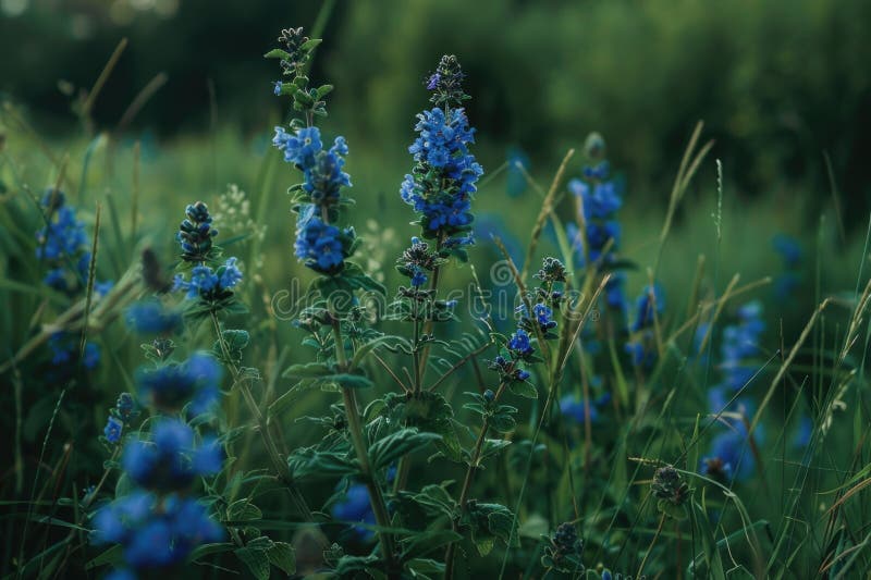 Blue flowers in a field stock image. Image of beauty - 375505557
