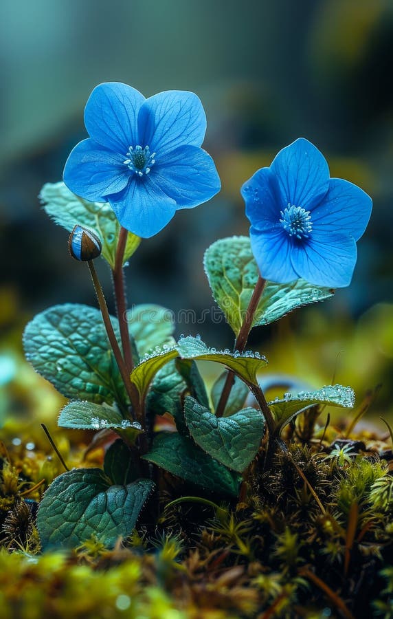 Blue Flowers in the Forest. Two Blue Wildflowers Growing on Mossy ...