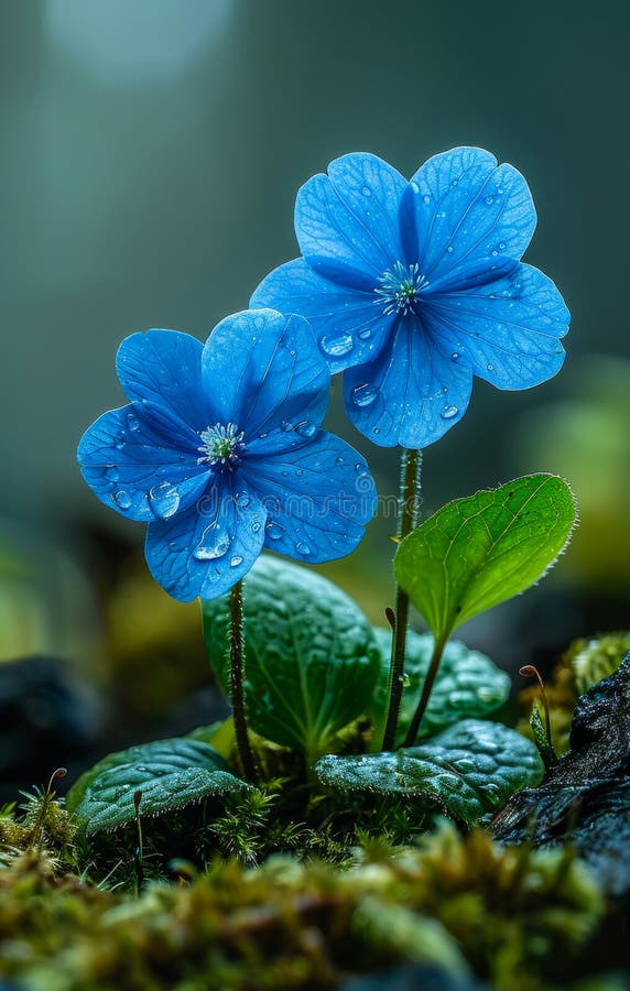Blue Flowers in the Forest. Two Blue Wildflowers Growing on Mossy ...