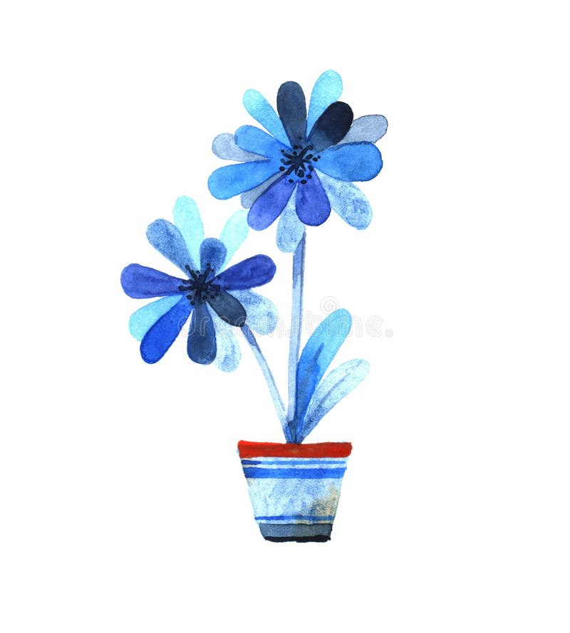 Blue flowers in a pot stock illustration. Illustration of growth - 90276680