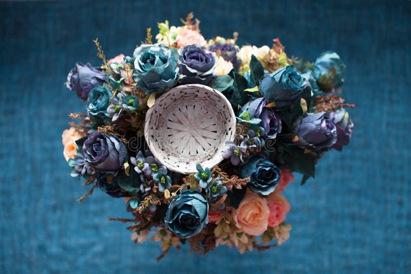 Blue Flowers and Round Basket on Blue Background, Stock Image - Image ...