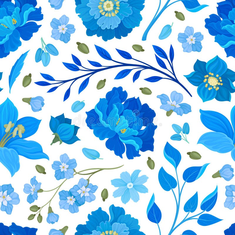 Blue Flowers Seamless Pattern Design with Blooming Flora and Twigs ...