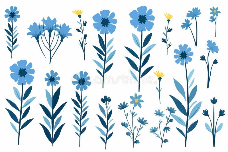 Blue Flowers Set Vector Flat Minimalistic Isolated Illustration Stock ...