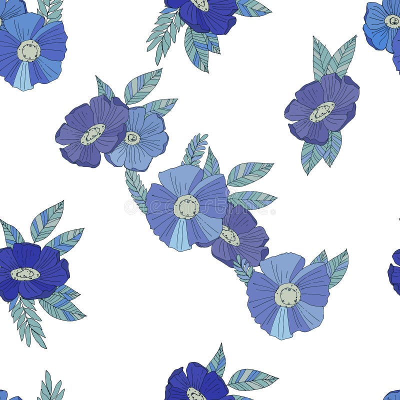 Blue Flowers on White Background Stock Vector - Illustration of fabric ...
